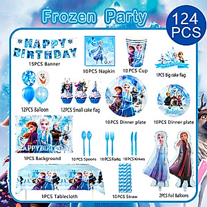 Frozen Birthday Party Supplies,124pcs Frozen Party Decorations&Tableware Set-Frozen Plates Napkins Cups Tablecloth Banner Backdrop,Frozen Balloons etc Frozen Themed Birthday Party Supplies