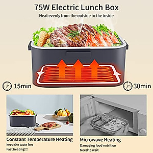 Tlsdosp Electric Lunch Box Food Heater, 75W 1.8L Protable Heated Lunch Box for Adults Work Food Heating, Leak Proof Removable Stainless Steel Container, 12V/24V/110V for Car Truck Home