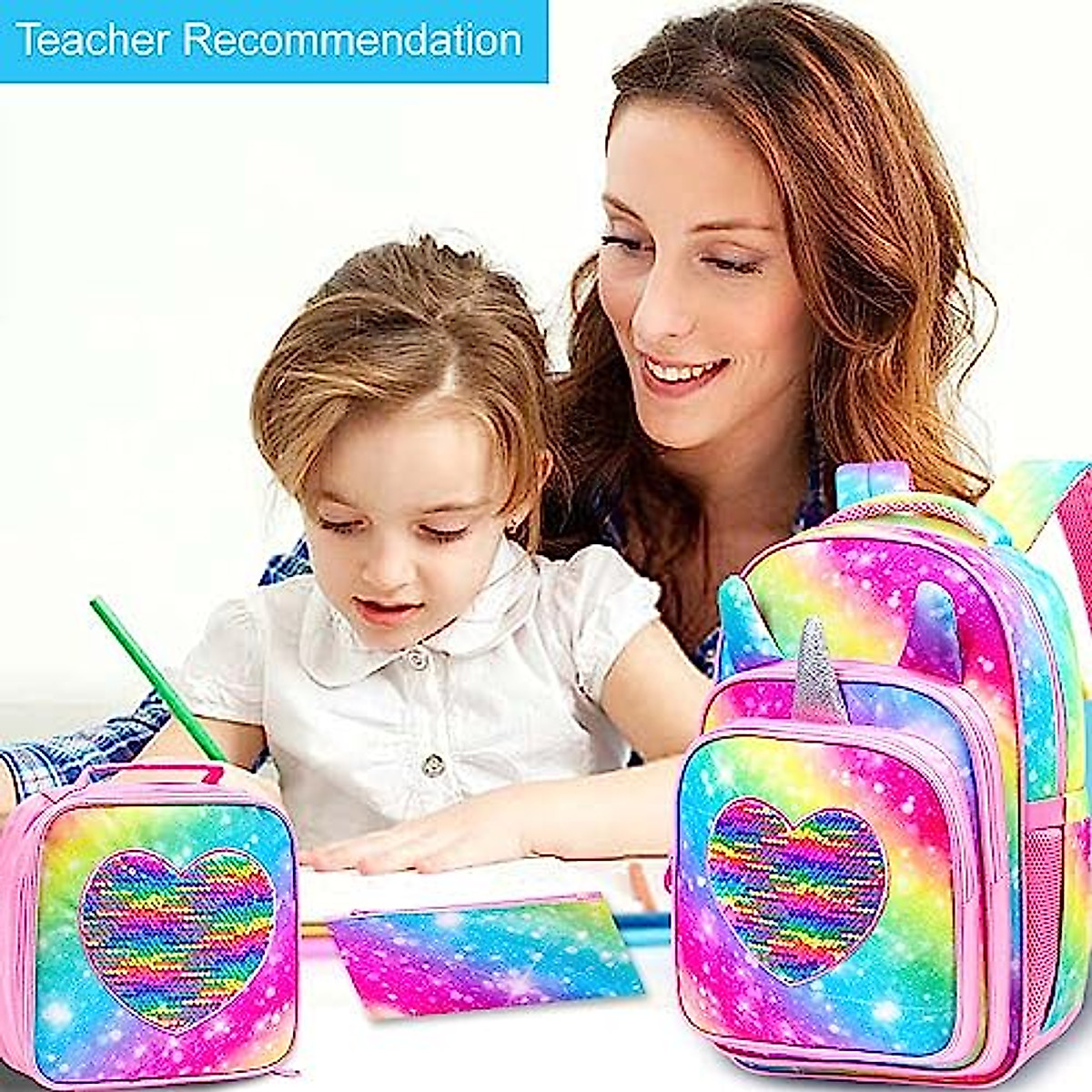 gxtvo 3PCS Girls Backpack, 16" Unicorn Rainbow Sequin Preschool Elementary Bookbag and Lunch Box