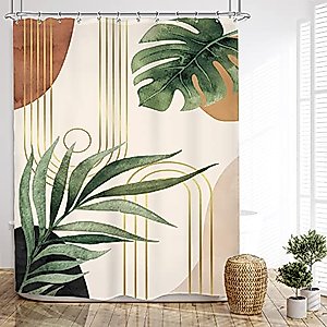 Glawry Single Standing Mid Century Shower Curtain 54Wx78L Inches Stall Narrow Tropical Boho Palm Leaf Abstract Botanical Plant Green Minimalist Bath Accessories Art Home Decor Fabric 12 Pack Hooks