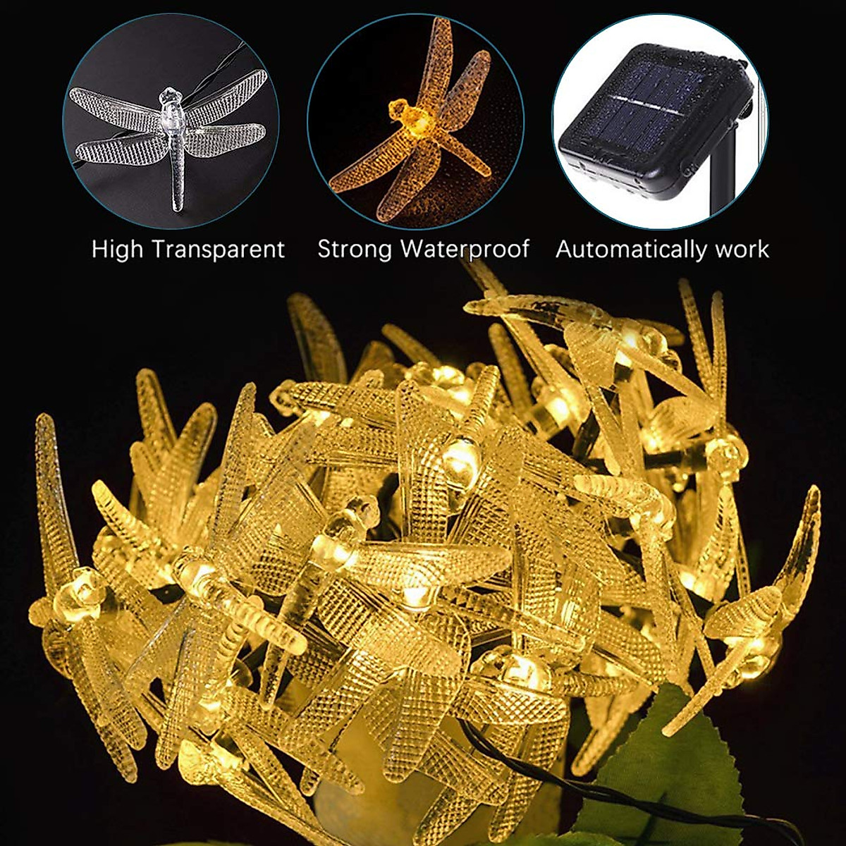 LOHOME 30 LED Solar String Light Outside Waterproof Solar Powered Lamps, Dragonfly Fairy Lights Garden Lamp for Outdoor, Home, Lawn, Wedding, Patio, Party and Holiday Decorations (Warm White)