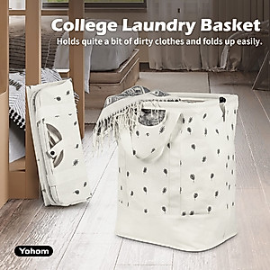 YOHOM Flexible Laundry Baskets Collapsible 60L Canvas Portable Tote Bag Bathroom Storage Bin Toy Organizer for College Dorms, Bedroom, Bathroom Oatmeal/Creamy-White