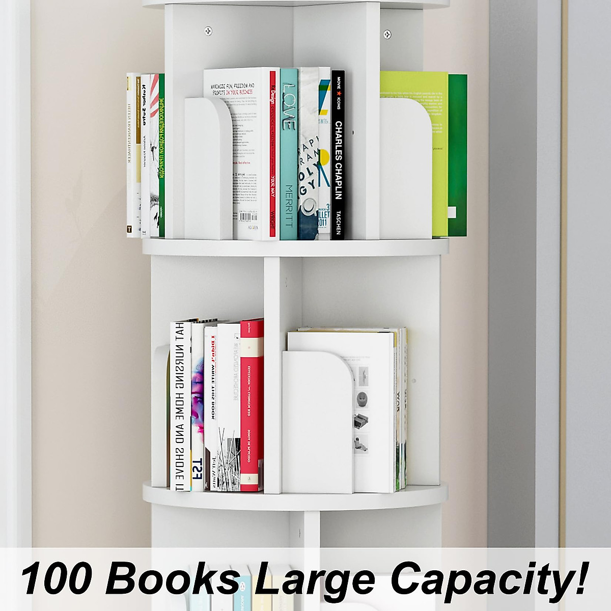 JoanKaren Rotating Bookshelf 51.2", White Wood Bookcase for Kids and Adults, 360 Display 4 Tier Small Corner Book Shelf Organizer, Floor Standing Storage Rack for Bedroom, Living Room, White