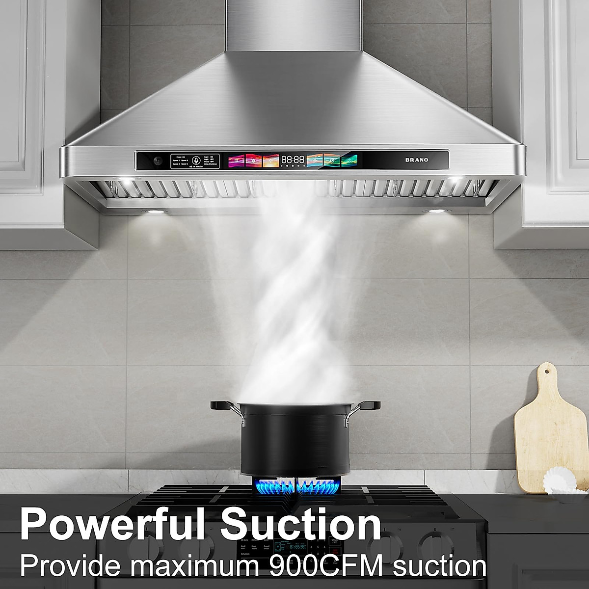 BRANO 30 Inch Wall Mount Range Hood with Voice/Gesture/Touch Control, 900 CFM Stainless Steel Kitchen Hood Vent with 4 Speed Exhaust Fan, 4 Adjustable Lights, Memory Mode, Ducted/Ductless Convertible