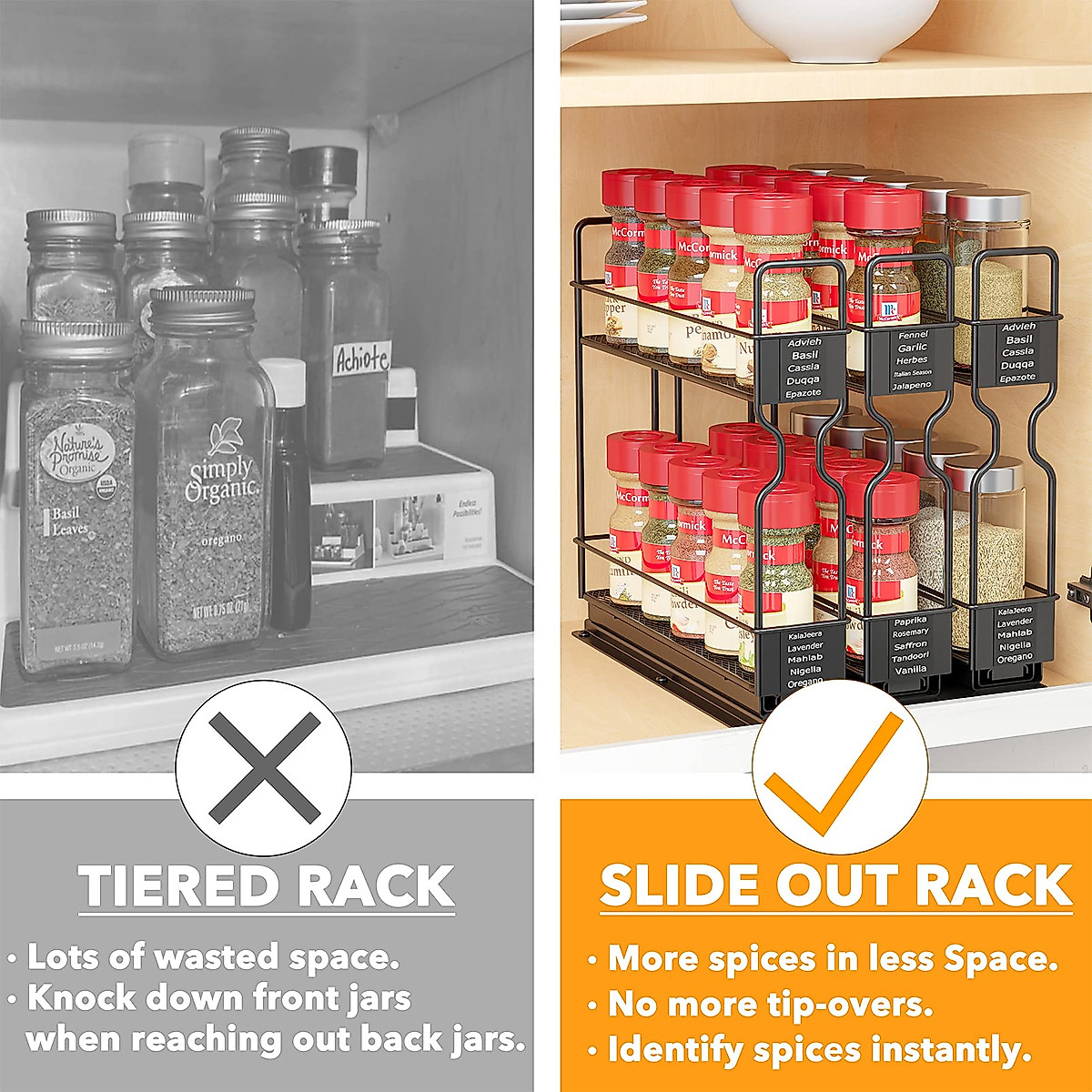 SpaceAid Pull Out Spice Rack Organizer for Cabinet, 2 Drawers 2-Tier, 3 Drawers 2-Tier