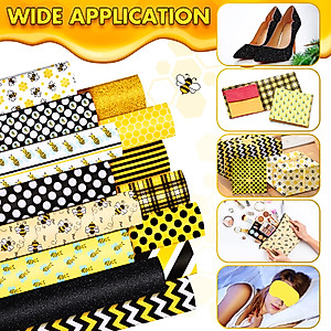 14 Pcs Faux Leather Sheets Summer Fruit Lemon Bee Printed Synthetic Leather Sheet Glitter Faux Leather Fabric Sheet for Earrings Headbands Making, 8.3 x 6.3 Inch(Bee)