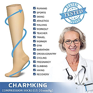CHARMKING Compression Socks for Women & Men Circulation (3 Pairs) 15-20 mmHg is Best Athletic for Running, Flight Travel, Support, Cycling, Pregnant - Boost Performance, Durability (S/M, Nude)