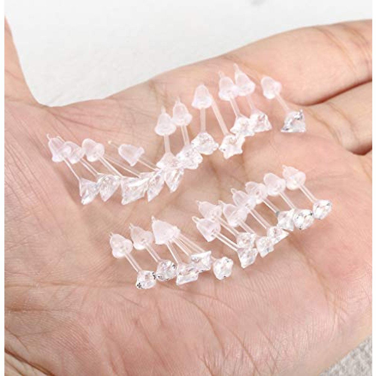 Jstyle 12Pairs Clear Plastic Stud Earrings for Women Acrylic Post Star Heart Rhinestone Ear Studs Piercing Retainers