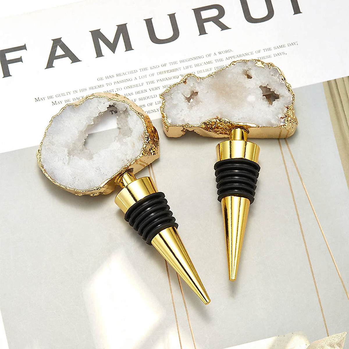 Sip and Shimmer Crystal Wine Bottle Stoppers – 2-Pcs Set Gemstone Champagne Stoppers for Bottles – Cute Wine Accessories for Bridal Shower, Wedding, Party – Gold Geode Decorative Wine Stoppers