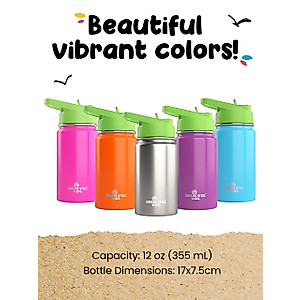 Kids Water Bottle - 12oz Stainless | Leak Proof With Straw & Handle | 24 Hours Cold | Insulated, Double Wall Stainless Steel | Easy Sip Toddler Cup | Child's Flask | Eco Friendly