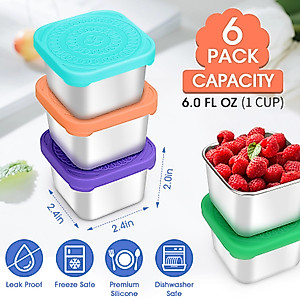 6Pack Stainless Steel Snack Containers, 6oz 304 Stainless Steel Metal Sauce Food Storage Box Containers with Silicone Lids, Reusable Small Portable Leak Proof Food Lunch Boxes Set, Easy Open