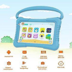 IWGGO Kids 7-inch Tablet with 32GB Storage, Dual Camera, Android 11, Parental Controls, Toddler-friendly