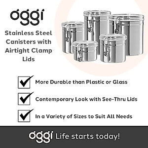 Oggi Stainless Steel Kitchen Canister 62 fl oz - Airtight Clamp Lid, Clear See-Thru Top - Ideal for Kitchen Storage, Food Storage, Pantry Storage. Large Size 5" x 7.5".