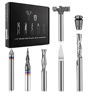 FoxAlien 1/4" Shank CNC Router Bit Essential Kit Includes 1/4" ER11 Collet, V-bit, End Mills, Chamfering Bit for Woodworking MDF Resin Carving Lettering Sign Making