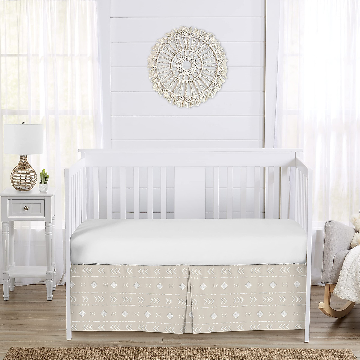 Sweet Jojo Designs Boho Aztec Geometric Boy or Girl Baby Nursery Crib Bed Skirt Dust Ruffle - Gender Neutral Beige Taupe Tan and White Bohemian Southwest Tribal for Llama Collection