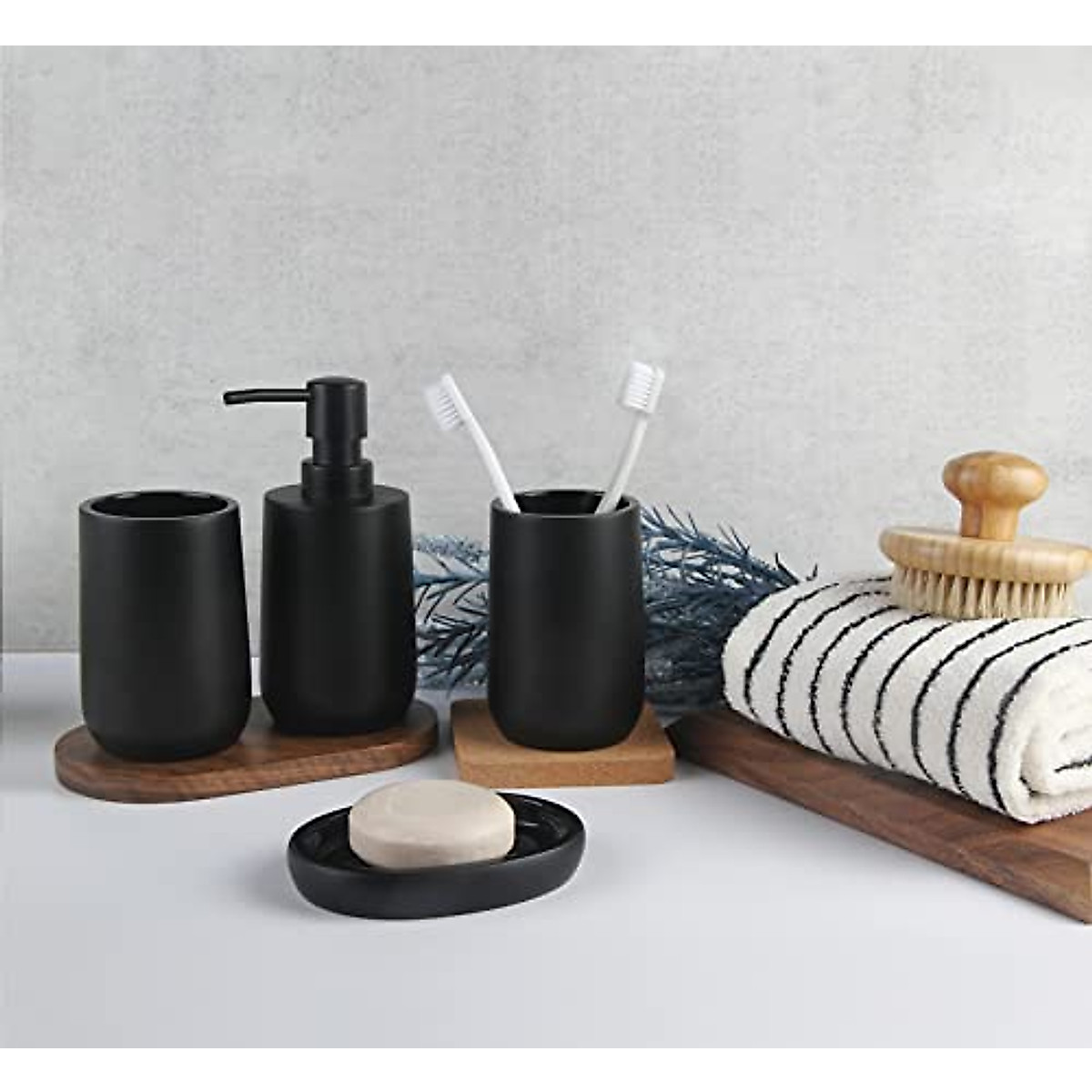 3&7 BRICK Matte Black Bathroom Accessories Set,4 Pieces,Toothbrush Holder, Lotion Soap Dispenser, Tumbler, Soap Dish, Resin Countertop Complete Decor and Gift Set