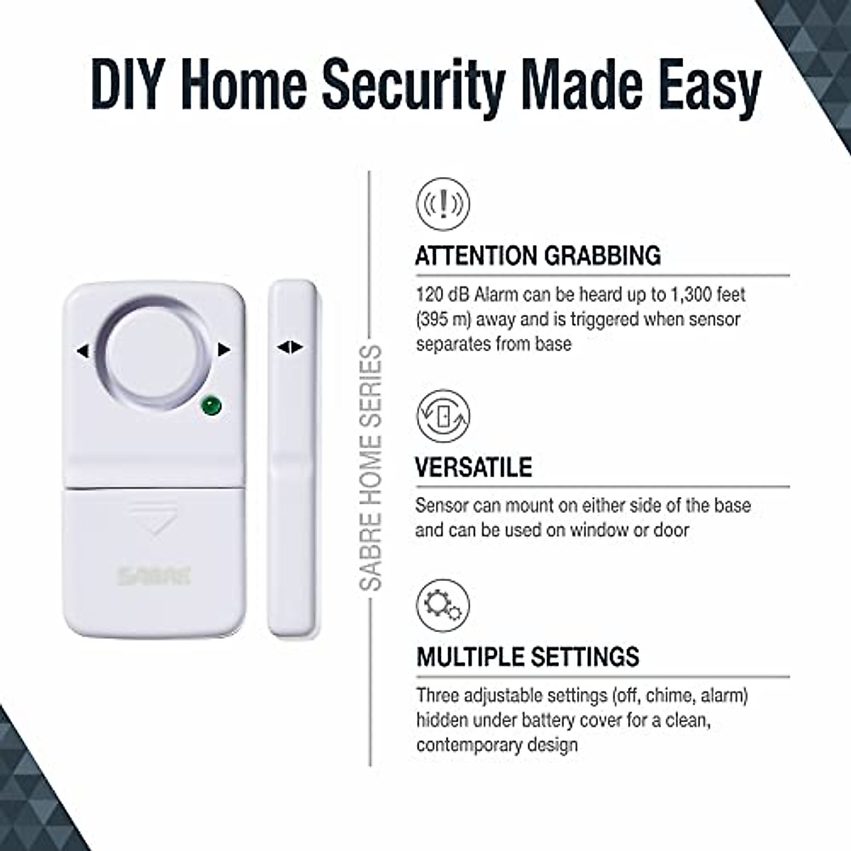 SABRE Door and Window Alarm Kit, 120 dB Alarm, Audible Up To 1,580-Feet (480-Meters), Chime, Away, Home And Panic Modes, Sensors Work On Left And Right Hinged Doors, Low Battery Indicator