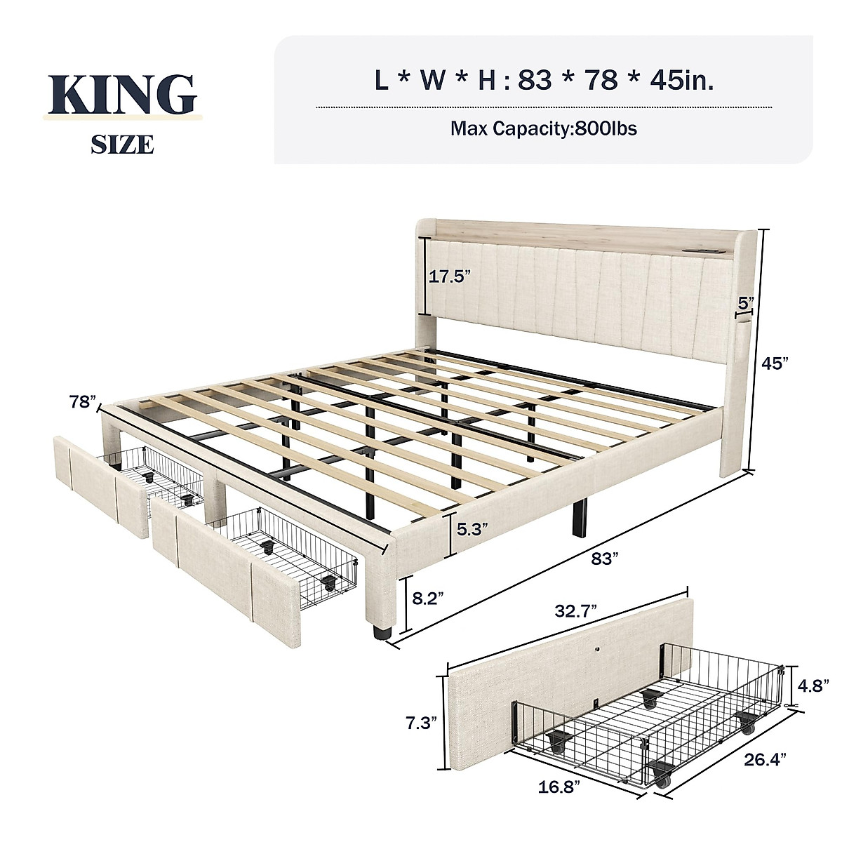 Sismplly King Size Bed Frame, Upholstered Platform Bed with Storage Drawers Headboard and Charging Station, Wooden Slats Support, No Box Spring Needed, Easy Assembly, Beige