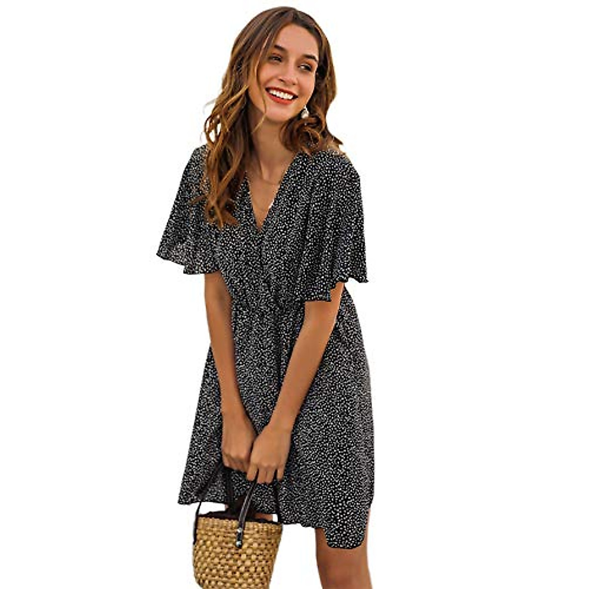 Romwe Women's Short Sleeve V Neck All Over Print High Waist A Line Summer Short Dress Black S