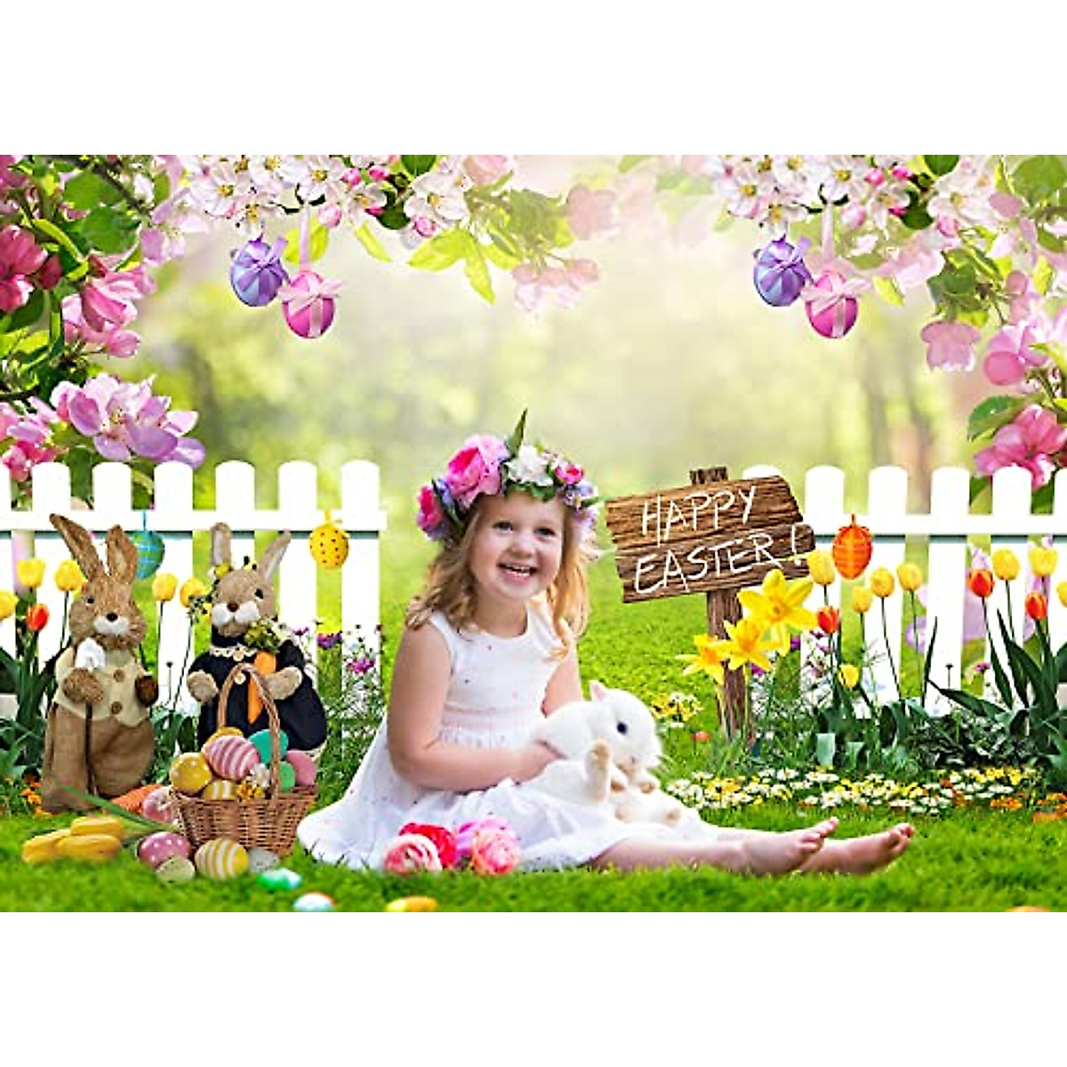 LTLYH 8x6ft Spring Easter Floral Bokeh Backdrop Easter Photo Decorations Background Easter Rabbit Colorful Eggs Fence Grass Wall Decor Photography Background 172
