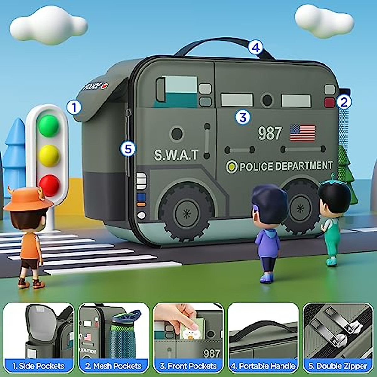 TIME4DEALS Kid Bento Lunch Box Set, Insulated Lunch Bag with 6 Compartment Bento Box Ice Pack Water Bottle Muffin Cup Spoon Snack Container Kids School Lunch Supplies Ideal for 7-16 (Black Police Car)