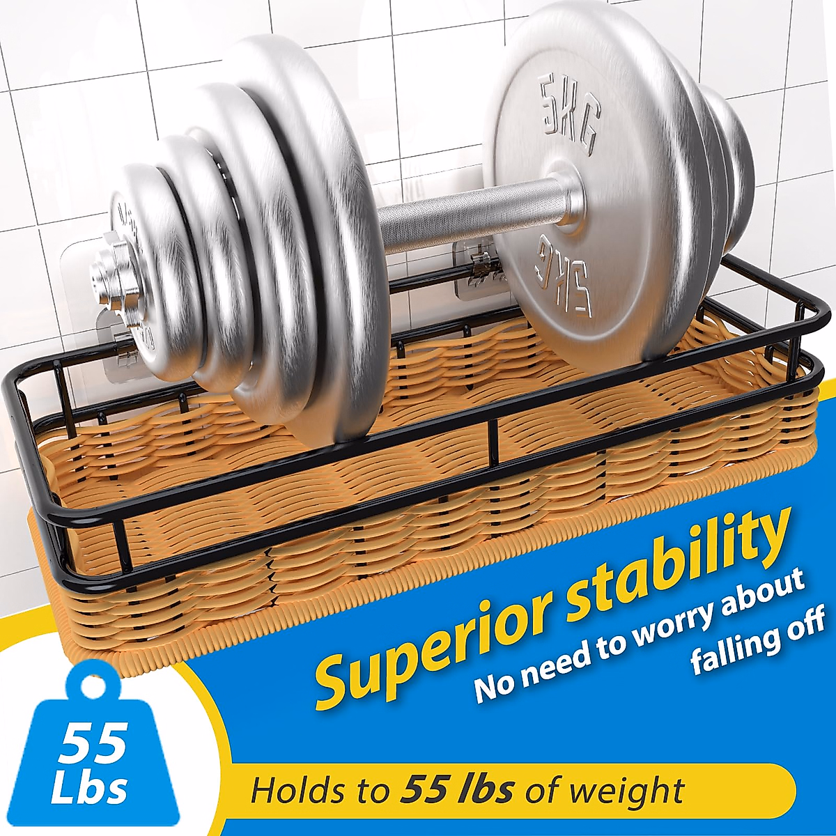 Getsrichfc Shower Caddy, 3 Pack Rustproof Stainless Steel, Weave Rattan, Adhesive Organizer, Large Capacity, Bathroom Storage, Black