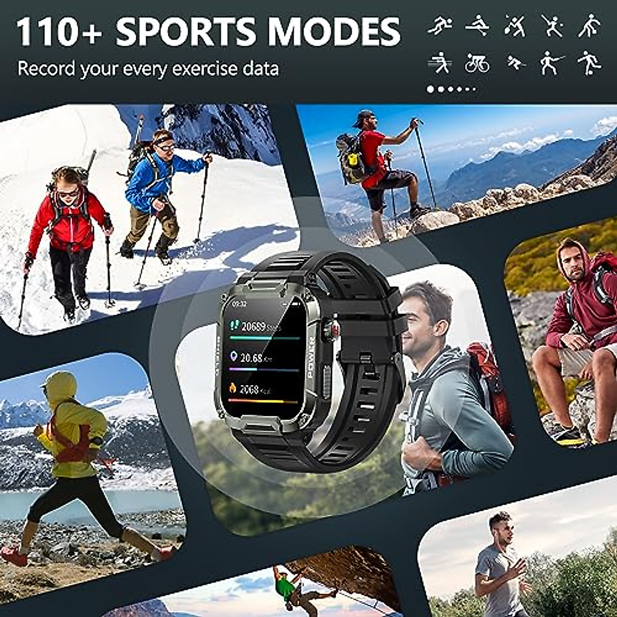 Jireausty Smart Watch for Men - 1.85“ Military Smart Watches IP68 Waterproof Smart Watches with Bluetooth Call Outdoor Tactical Sports Rugged Fitness Tracker Watch for iPhone Android