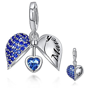 March Birthstone Charms Wings of Angel 925 Sterling Silver Love You Heart Charm Dangle Bead for Pandora Charm Bracelet Necklace, Happy Birthday Jewelry Bead for Women