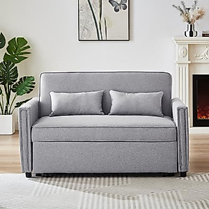 akucvor 54" Sleeper Sofa Bed, Convertible 3 in 1 Loveseats Sofa Bed with Lumbar Pillows, Multi-Function Linen Pull Out Sofa Bed with Adjustable Backrest for Living Room Bedroom, Gray