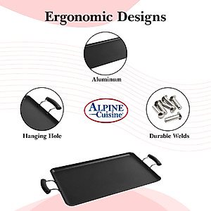 Alpine Cuisine Aluminum Griddle Pan 19x11in | Nonstick Coating & Heat Resistant | Gas Stove Griddle for Cookware with Double Handle - Ideal for BBQ & Serving Pancakes, Hand Wash - Gray