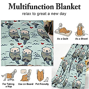 Premium Sea Otters Throw Blankets for Boys Girls,Cute Funny Sea Otter Couple on Blue Blankets for Couch Bed Sofa,Luxury Fuzzy Plush Fluffy Soft Fleece Blankets and Throws for Adults Kids,50"X40"