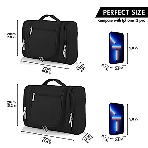 OMYSTYLE Hanging Travel Toiletry Bag for Women and Men, Hygiene Bag, Womens Bathroom and Shower Kit Organizer for Toiletries Cosmetic Makeup Shampoo Brushes (Black, Medium Size)