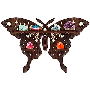 Yulejo Crystal Shelf Display Rustic Wooden Cat Moon Shelves Moth Hamsa Hand Wolf Crystal Holder Shelves Wooden Floating Shelf for Rock Gemstones Meditation Spiritual Gift for Home Bedroom (Moth)