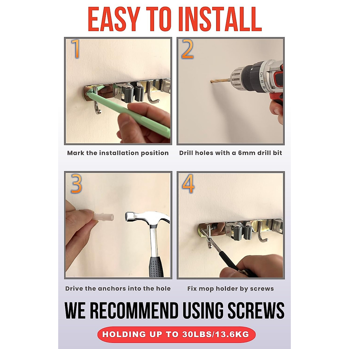 FODARSAI Mop and Broom Holder Wall Mount, Upgraded Broom Hanger Wall Mount, Stainless Steel Broom Organizer for Closet Garage Laundry Room Kitchen Wall Decor(3Racks 4Hooks Black)