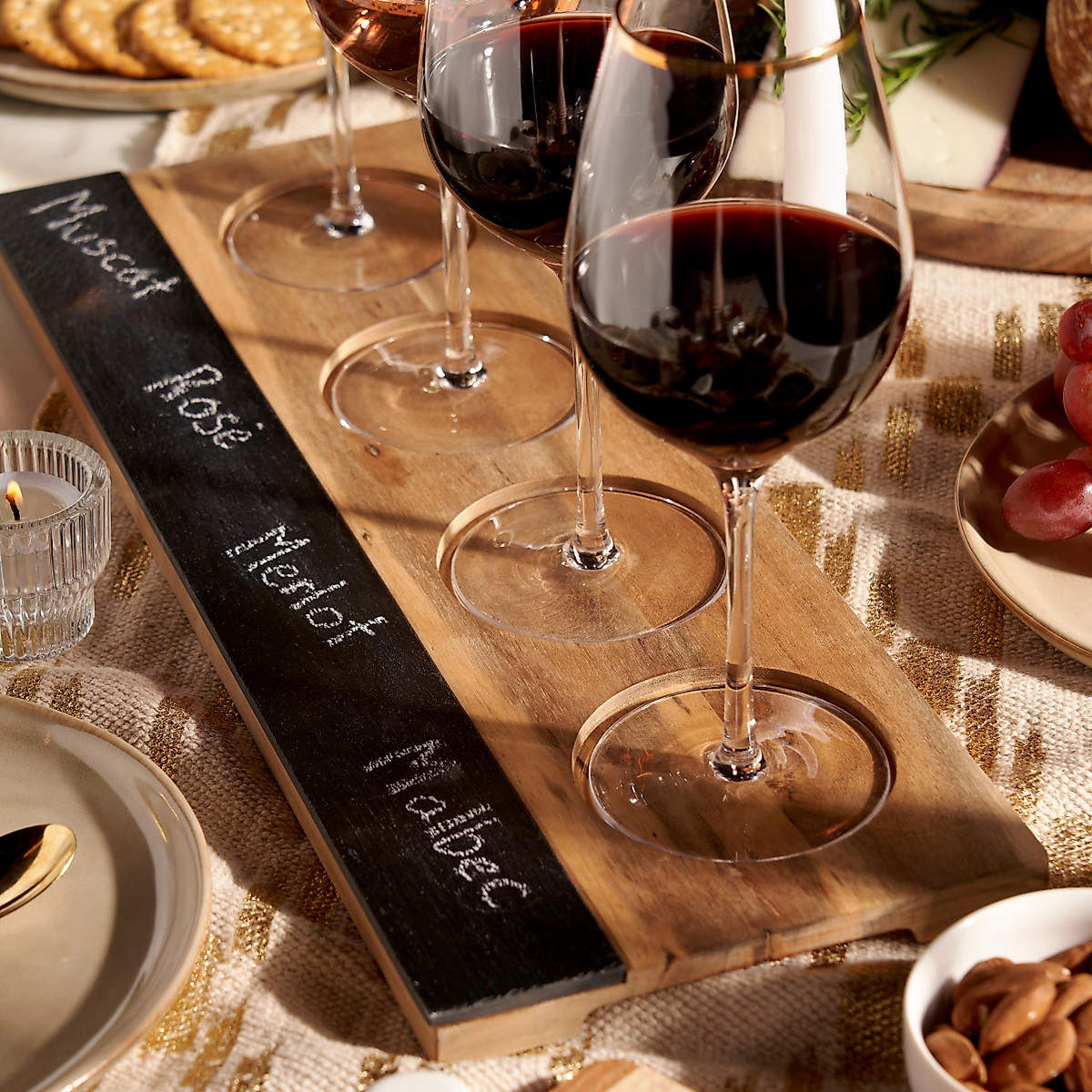 Twine Wine Flight Set, Wine Tasting Board with Slate Chalkboard, 2 Pieces of Soapstone Chalk, and Acacia Wood Serving Tray, Flight Board
