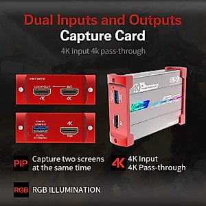 Mirabox Dual HDMI Capture Card for Streaming 2 in 2 Out,Support Dual 4K@30Hz Input,4K@30Hz Passthrough,USB3.0 1080P Capture for OBS Camera DSLR Live Streaming