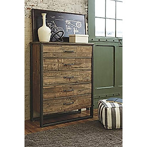 Signature Design by Ashley Sommerford Industrial Farmhouse 5 Drawer Chest with Dovetail Construction, Butcher-Block Brown, Black