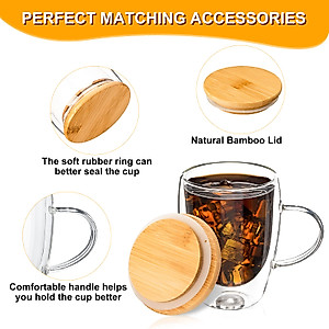 Eccliy 8 Pcs 12oz Double Walled Glass Coffee Mugs with Bamboo Lids Insulated Glass Coffee Cups Clear Tea Mug Glass Tea Cups with Handles for Hot or Iced Coffee Milk Tea Beverage Cappuccino Latte