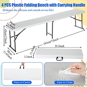 Soaoo 4 Pack 6ft Folding Bench Portable Foldable Bench Seat White Plastic Fold in Half Furniture Bench Seating with Carrying Handle for Indoor Outdoor Garden Camping Picnic Party Soccer Events