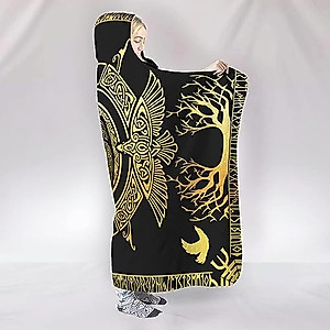 Medieval 3D Printing Hooded Blanket Warm Soft Raven Celtic Knot Tree of Life Totem Unisex Winter Wearable Hooded Blanket Double Thick Plush Wool Blanket (Color : B, Size : 80x60in/150x200cm)