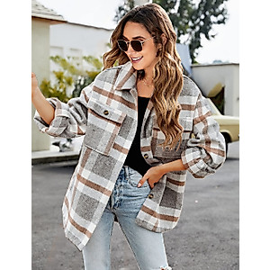 Meyhad Womens Flannel Plaid Jacket Long Sleeve Button Down Pocketed Shirts Coats Shacket (0002-KhakiX1-L)