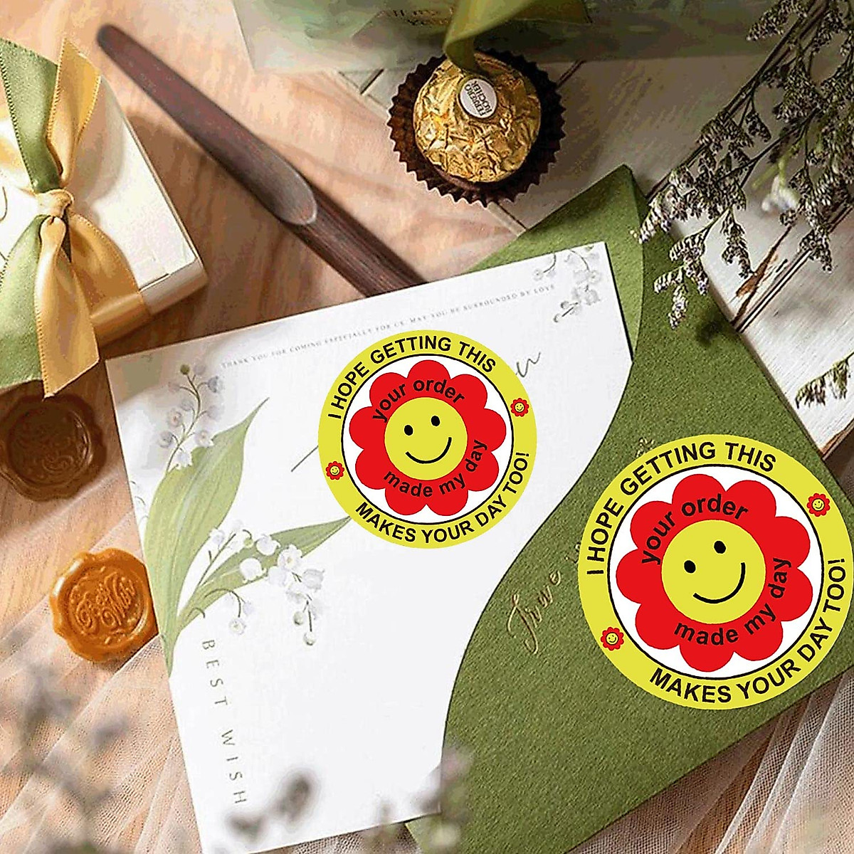 Happy Face Your Order Made My Day Stickers 1.5 Inch Flower Thank You for Your Order Stickers - 500 Pcs Round Thank You Labels Business Stickers for Envelope Packaging Seals
