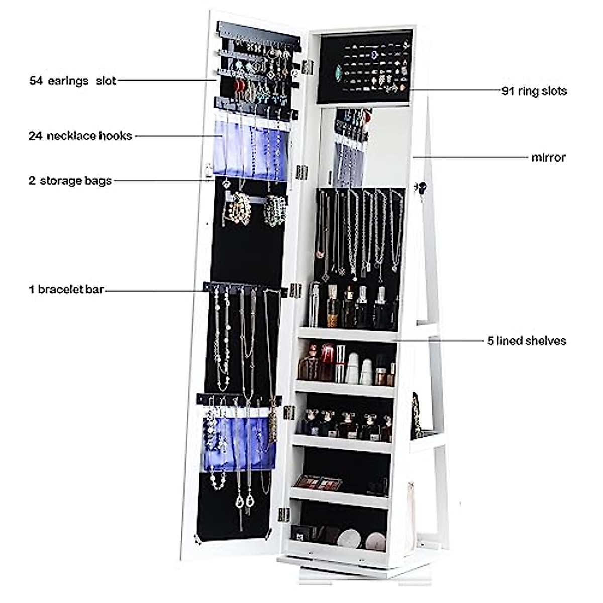 Bonnlo Jewelry Armoire with 360 Rotation Base, 57 x 10 inch Mirror, Freestanding, Cosmetic Storage