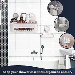 Shower Caddy Vacuum Suction Cup 3Pcs-No Drilling Bathroom Suction Cup Shower Shelf Organizer-Shower Shelves Basket for Shampoo,Soap and Toothbrush Holder-Racks for Inside Bath and Kitchen Wall (White)