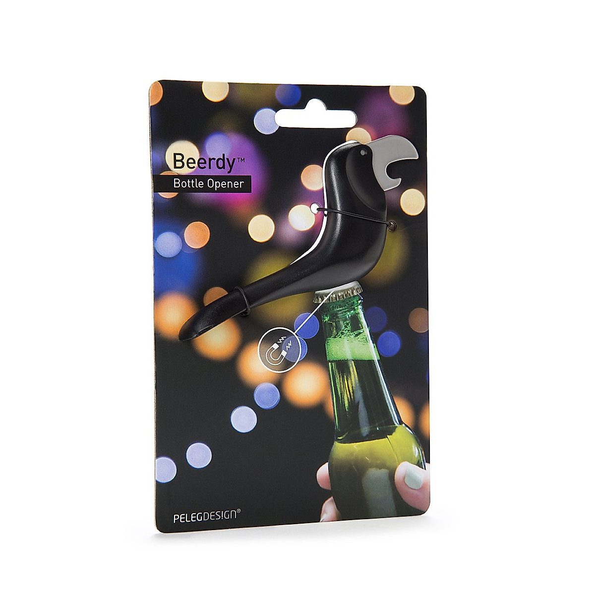 Peleg Design Beerdy, Original Bird-Shaped Bottle Opener with Magnetic Bottom, Black with Stainless Steel Beak as Metal Cap Opener and Tail Handle