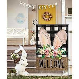 Sambosk Buffalo Easter Bunny Small Garden Flag Welcome Spring Vertical Double Sided Burlap Rabbit Ear Egg Floral Farmhouse Yard Outdoor Decoration 12 x 18 Inches