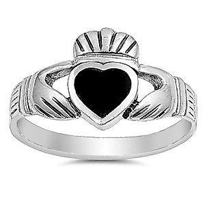Simulated Black Onyx Claddagh Heart Promise Ring New .925 Sterling Silver Band Size 8