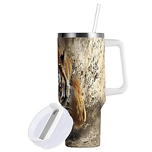 Jihqo Hunting Tiger 40 oz Stainless Steel Vacuum Insulated Tumbler with Handle and Straw Lid, Leakproof Water Bottle Double Wall Travel Mug Coffee Cup, Cupholder Friendly