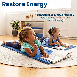 ECR4Kids Everyday Folding Rest Mat, 4-Section, 5/8in, Sleeping Pad, Blue/Grey, 1-Piece