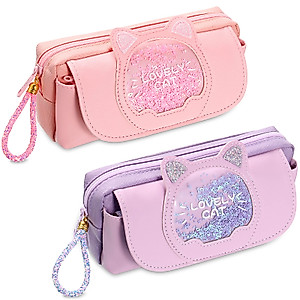 2 Pieces Big Capacity Pencil Case Cute Cat Large Capacity Pencil Pouch Portable Pencil Pouch Stationery Storage Organizer Pencil Box Pen Holder Bag for School Student Present, Pink and Purple